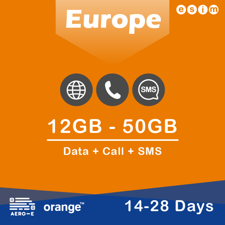 Europe Orange Holiday 12-50GB data+call+SMS esim – AERO-E esim